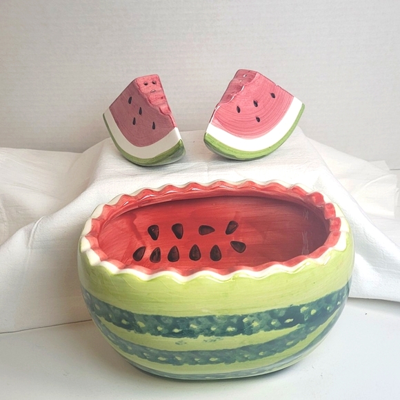 Dining | Ceramic Watermelon Bowl With Salt And Pepper Shakers | Poshmark